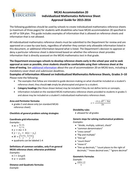 Mcas Accommodation 20 Individualized Mathematics Reference