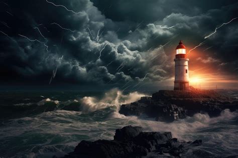 Premium Ai Image Lighthouse At Night In A Stormy Sea With Clouds And Waves