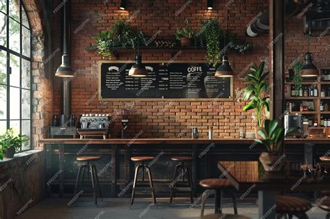 Cafetería De Estilo Industrial Con Pared De Ladrillo Expuesta Foto Premium