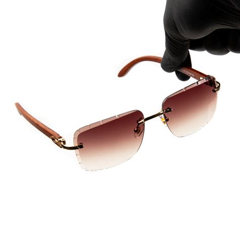 Rimless Gold Frame Burgundy Gradient Tint Gem Cut Hip Hop Woodgrain