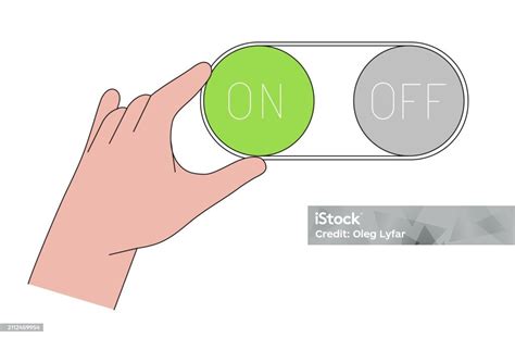 사람의 손 또는 팔 스위치 켜기 및 끄기 장치 앱 또는 웹 사이트에서 글자가 있는 버튼을 전환합니다 사용자가 사용자 인터페이스와 상호 작용하거나 테스트합니다 흰색 배경 벡터