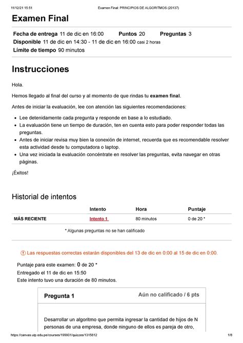 Examen Final Principios DE Algoritmos Algunas Preguntas No Se Han Calificado Examen