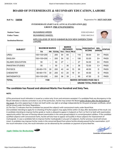 Intermediate Exam Result Muhammad Areeb