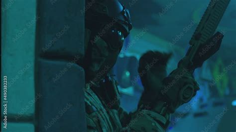Stockvideon Close Up Shot Of Portrait Of Special Force Soldier Or Swat Man Swat Man With