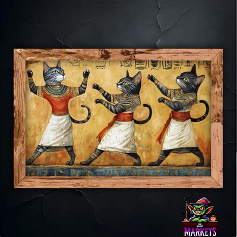 Ancient Egyptian Cat Dance Wall Art Vintage Cat Artwork Unique Home