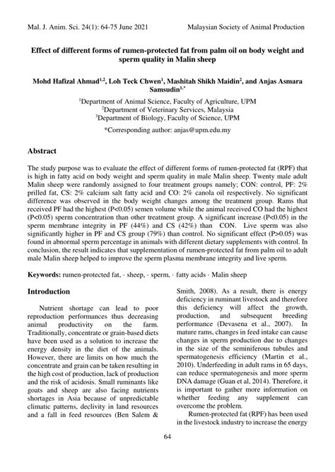 Pdf Effect Of Different Forms Of Rumen Protected Fat From Palm Oil On Body Weight And Sperm