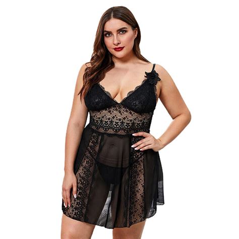 Plus Size V Neck Black Lace Mesh Nightwear Online Snazzyway