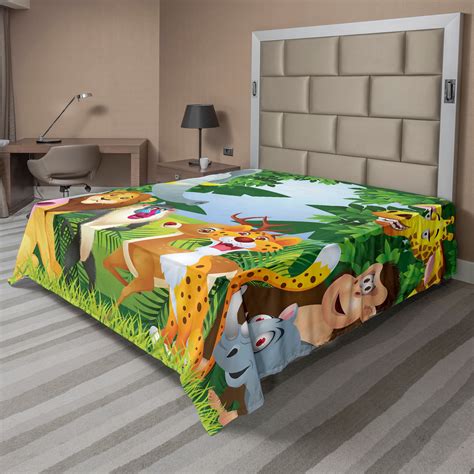 Ambesonne Cartoon Flat Sheet Savannah Jungle Funny Art Full Size