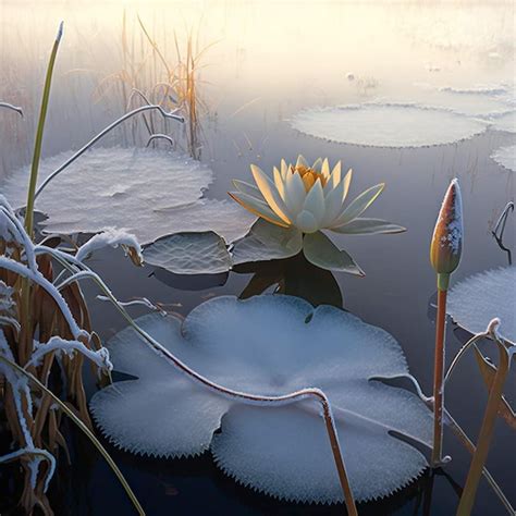 Premium AI Image A Water Lily Is Covered In Snow And The Water Lily Is Covered In Snow