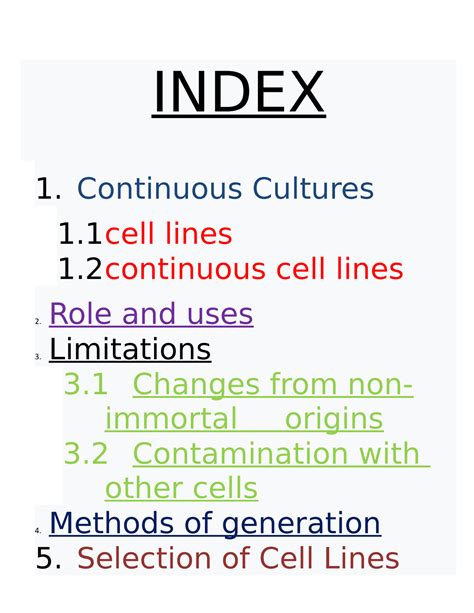 Cell Lines Acc Index 1 Continuous Cultures 1 Lines 1 Cell Lines 2 Role And Uses 3