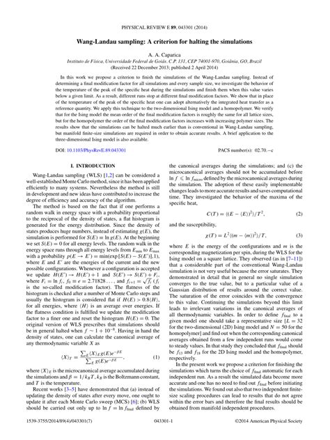 Pdf Wang Landau Sampling A Criterion For Halting The Simulations