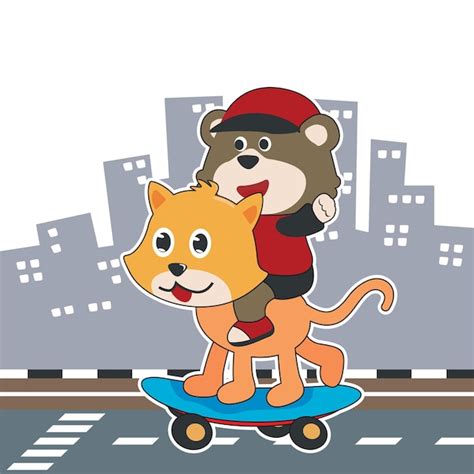 Premium Vector Vector Print With Cute Bear And Cat On A Skateboard Can Be Used For Tshirt