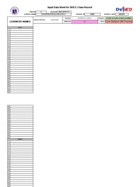 E Class Record Grade 12 Filipino Sa Piling Larang Akademik Pdf
