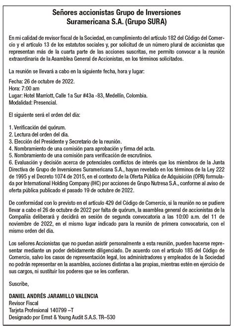 Convocatoria Asamblea Extraordinaria De Accionistas Octubre 2022