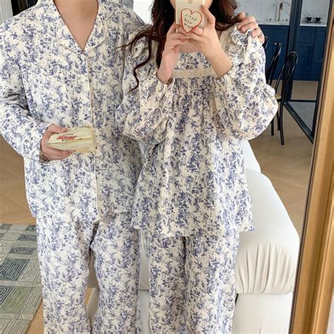 오로니 블루꽃 커플 잠옷 봄 여성 남성 신혼 순면 긴팔 스퀘어넥 빅사이즈 우정 파자마 투피스 세트