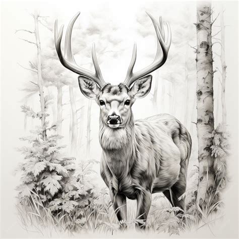 Pencil Drawing Of A Majestic Deer In Natural Surroundings Premium Ai