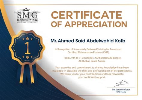 Certificate Of Appreciation For Conducting The Maintenance Planning And