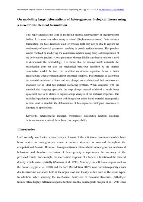 Pdf On Modelling Large Deformations Of Heterogeneous Biological Tissues Using A Mixed Finite