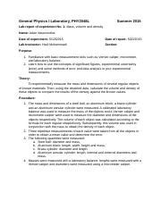 Lab Report Mass Density And Volume General Physics I Laboratory PHY L Summer Lab