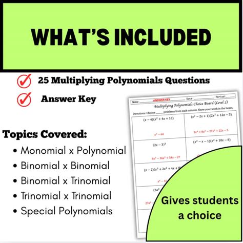 Multiplying Polynomials Mixed Review Leveled Choice Board Worksheets