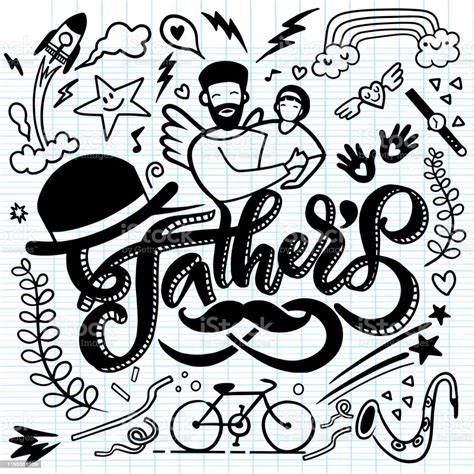 해피 아버지의 날 손으로 그려진 그림 텍스트와 배경에 고립 된 그림 손으로 그린 낙서 도면 세트 귀여운에 대한 스톡 벡터 아트 및 기타 이미지 Istock