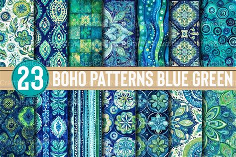 Boho Blue Green Patterns Clipart Bundle