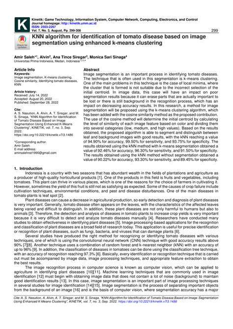 Pdf Knn Algorithm For Identification Of Tomato Disease Based On Image