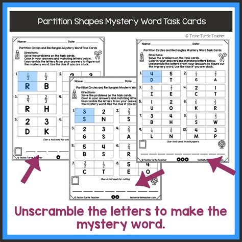 partitioning shapes mystery word task card activity bundle made by