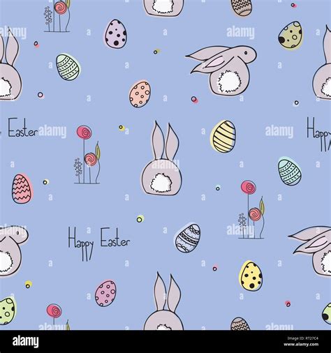 Easter Doodles Seamles Pattern With Easter Bunny Eggs And Flowers