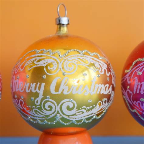 Vintage 1970s Glass Christmas Baubles Merry Christmas Pineapple Retro