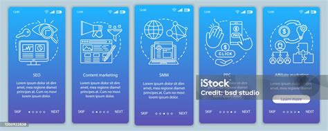 디지털 마케팅 전술 블루 온보딩 모바일 앱 페이지 화면 벡터 템플릿 Seo Smm Ppc 연습 웹 사이트 단계 선형 그림 Ux Ui Gui 스마트폰 인터페이스 컨셉 5에