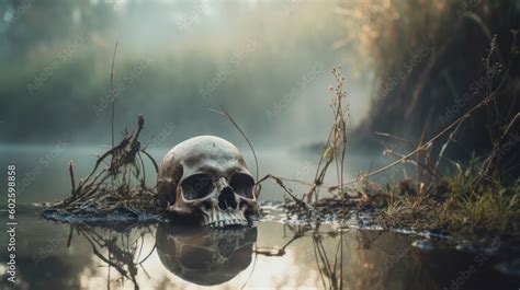 Decaying Old Human Skull In Dirty Murky Misty Wet Swamp Mud Death And