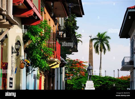 Panama Casco Antiguo Historic Town Panama City Central America Old Town Houses Monument Column