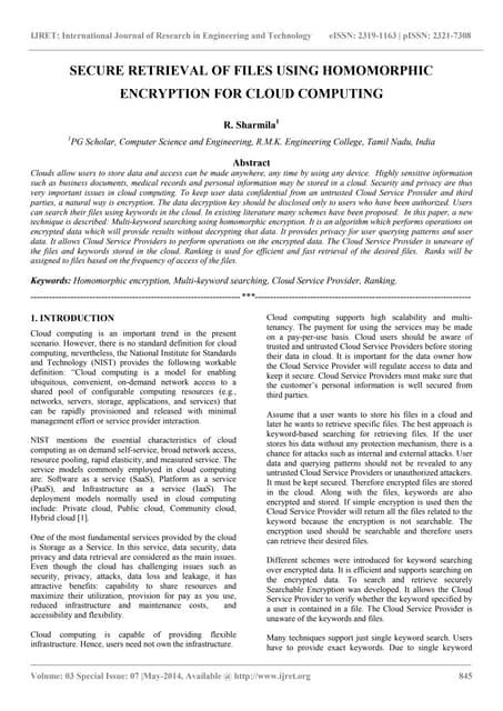 Secure Retrieval Of Files Using Homomorphic Encryption For Cloud Computing Pdf Search Internet