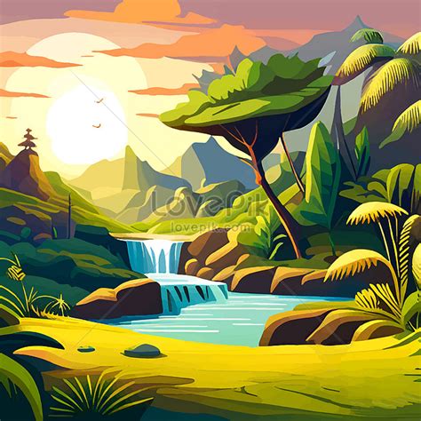디자인을 위한 만화 스타일 벡터 그림의 아름다운 자연 풍경 사진 무료 다운로드 Lovepik