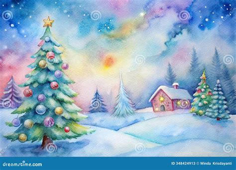 Watercolor Christmas Scene With Decorated Tree Snowy Cottage And