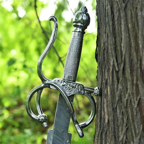 Hand Forged Damascus Steel Rapier Sword With Leather Sheath Etsy