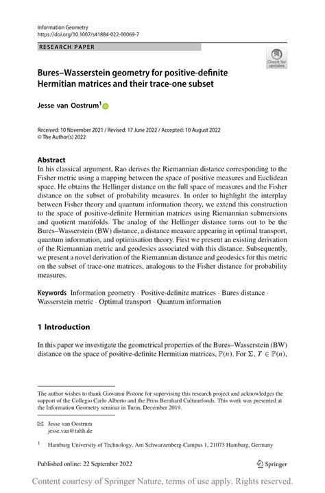 pdf bures wasserstein geometry for positive definite hermitian