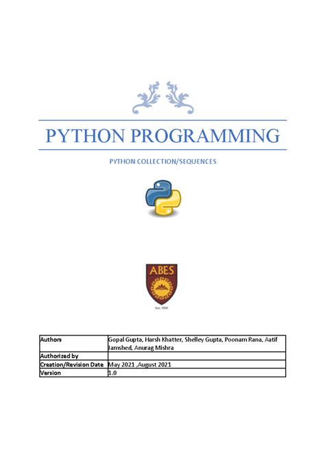 Unit Collection And Sequences Chapter August Final PYTHON PROGRAMMING PYTHON Studocu