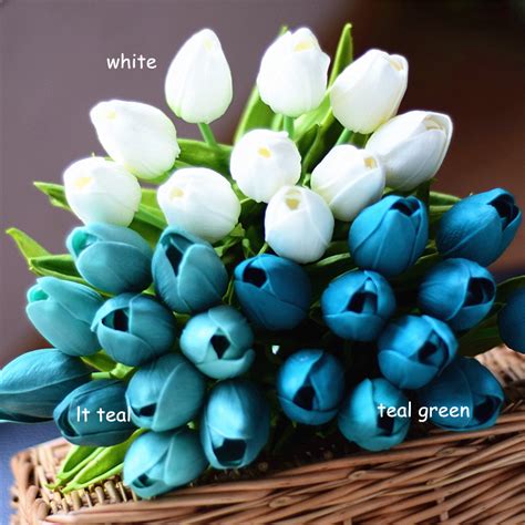 10pcs Teal Tulips Artificial Flowers Real Touch Pu Grandado