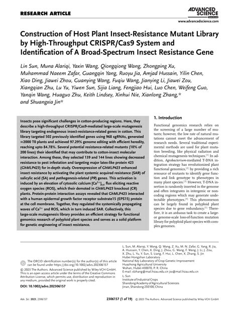 Pdf Construction Of Host Plant Insect Resistance Mutant Library By High Throughput Crispr Cas9