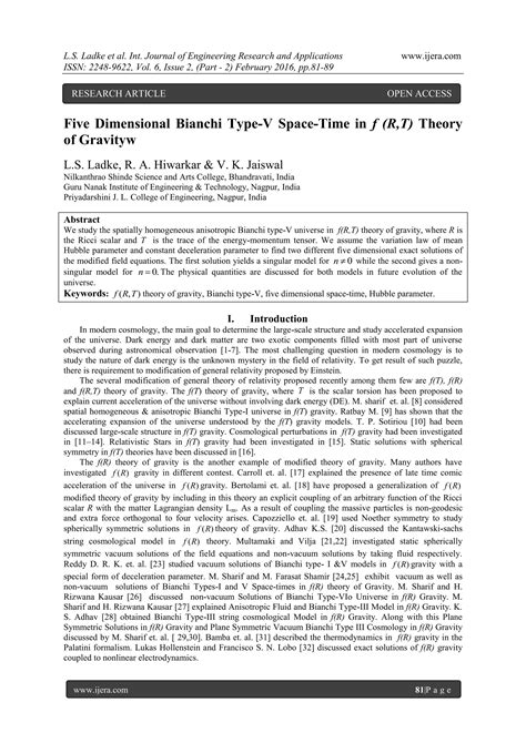Five Dimensional Bianchi Type V Space Time In F Rt Theory Of Gravityw Pdf Physics Science