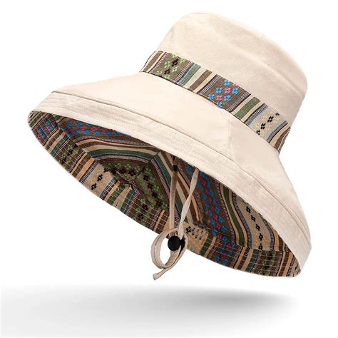 Womens Bohemia Reversible Sun Hat With Chin Strap Flat Top Wide Curved