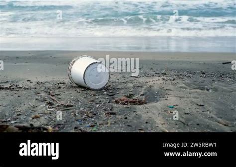 Plastic Container Waste And Tar Pollution On Stormy Sea Coast