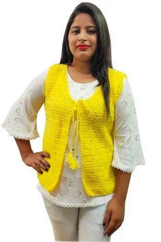 V Neck Yellow Woolen Sleeveless Jackets For Women Size Medium At