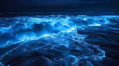 Blue Bioluminescent Waves Crashing On The Shore At Night Premium Ai