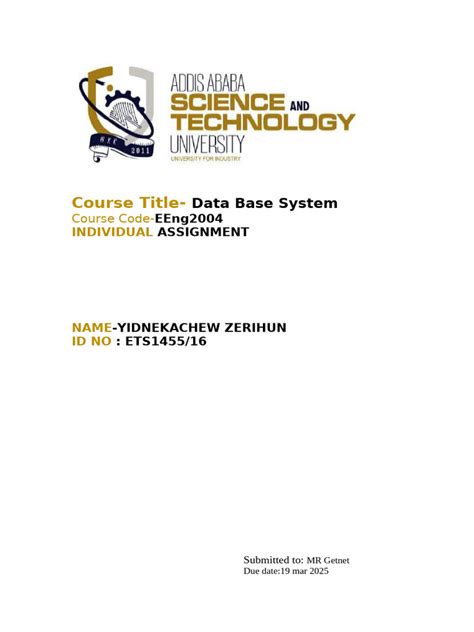 Dbs Assignment Yidnekachew Zerihun 1455 Pdf Databases Database Index