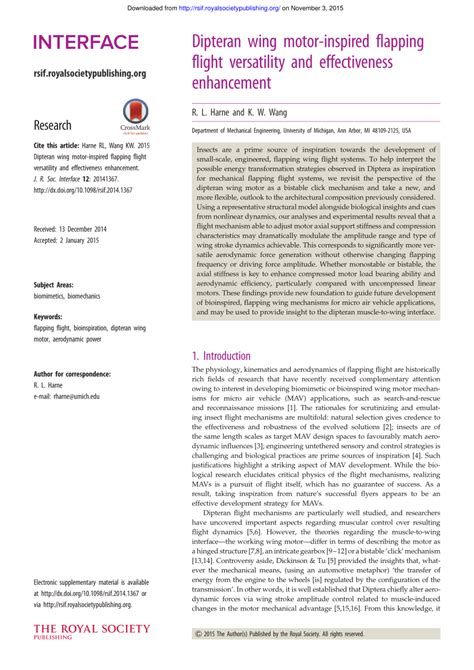 Pdf Dipteran Wing Motor Inspired Flapping Flight Versatility And Effectiveness Enhancement
