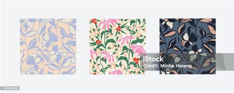 vector hand drawing flower illustration seamless repeat pattern 3 design set stock illustration