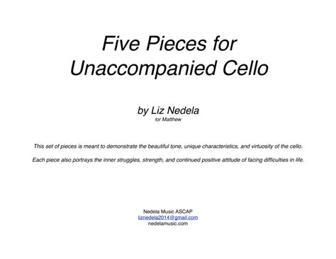 Five Pieces For Unaccompanied Cello By Liz Nedela Sheet Music For Cello